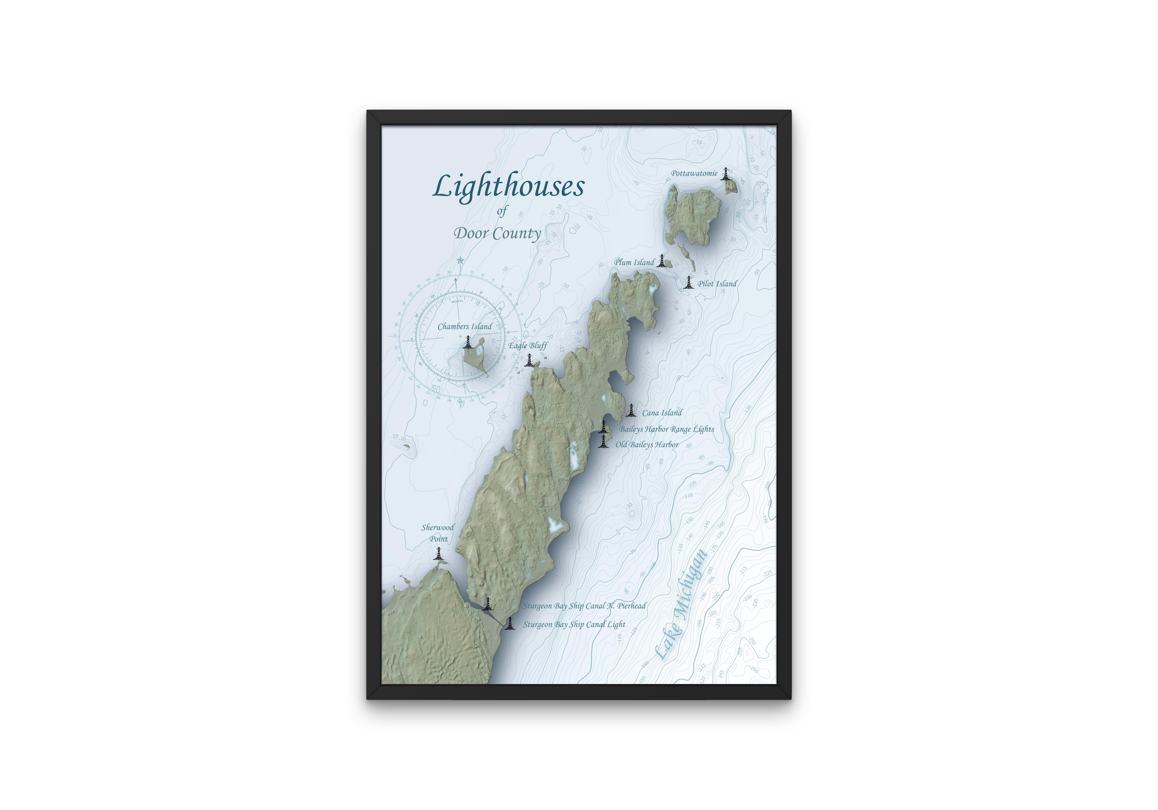 Lighthouses of Door County - Door County Map Print by Bay Maps, LLC
